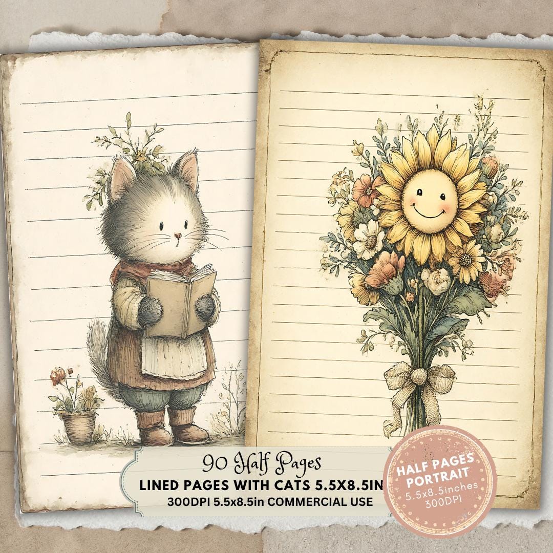 Vintage Lined Half Pages With Cats: Animals Ephemera Papers (digital ...