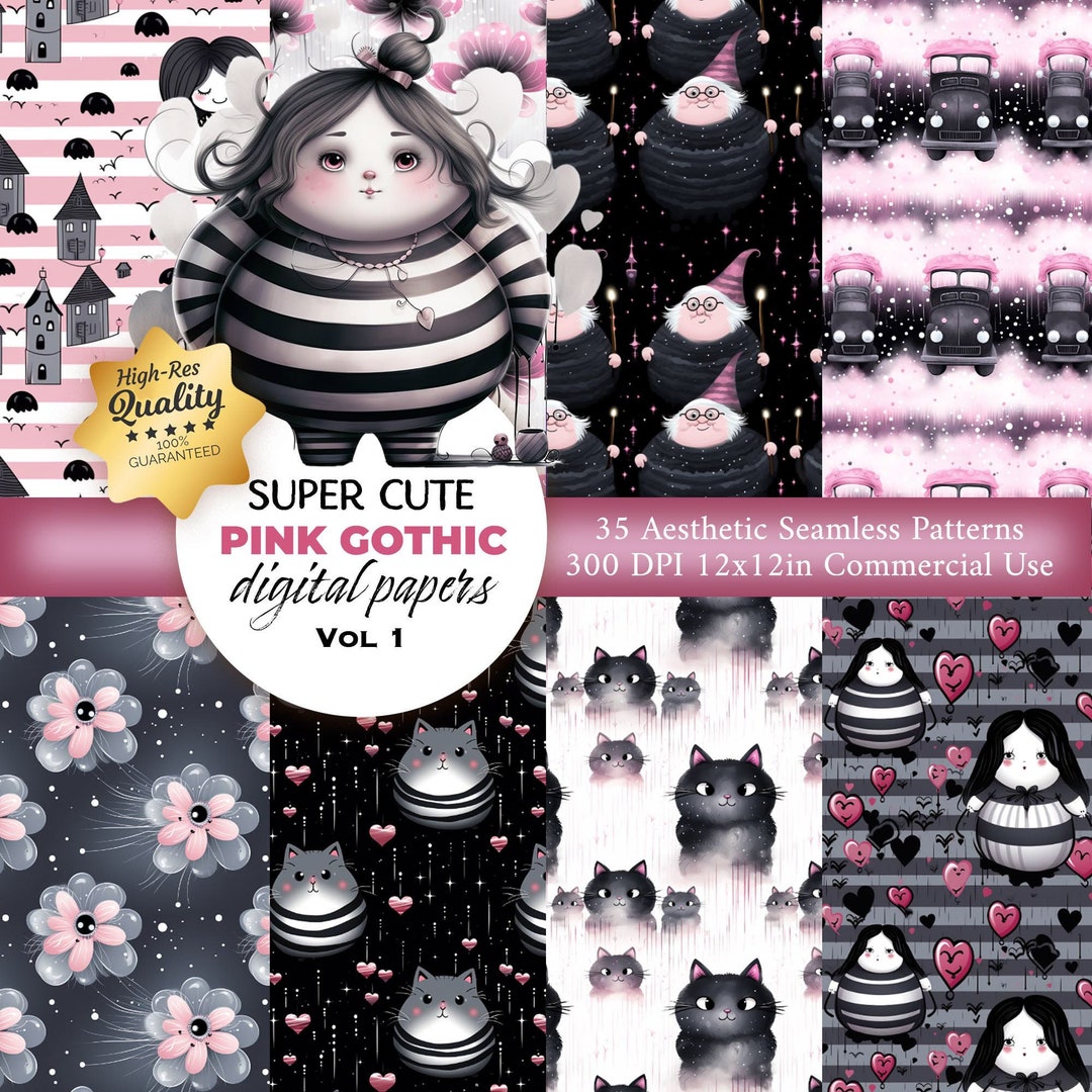 35 Cute Gothic Pattern, Pink Halloween Seamless Pattern, Black and Pink ...