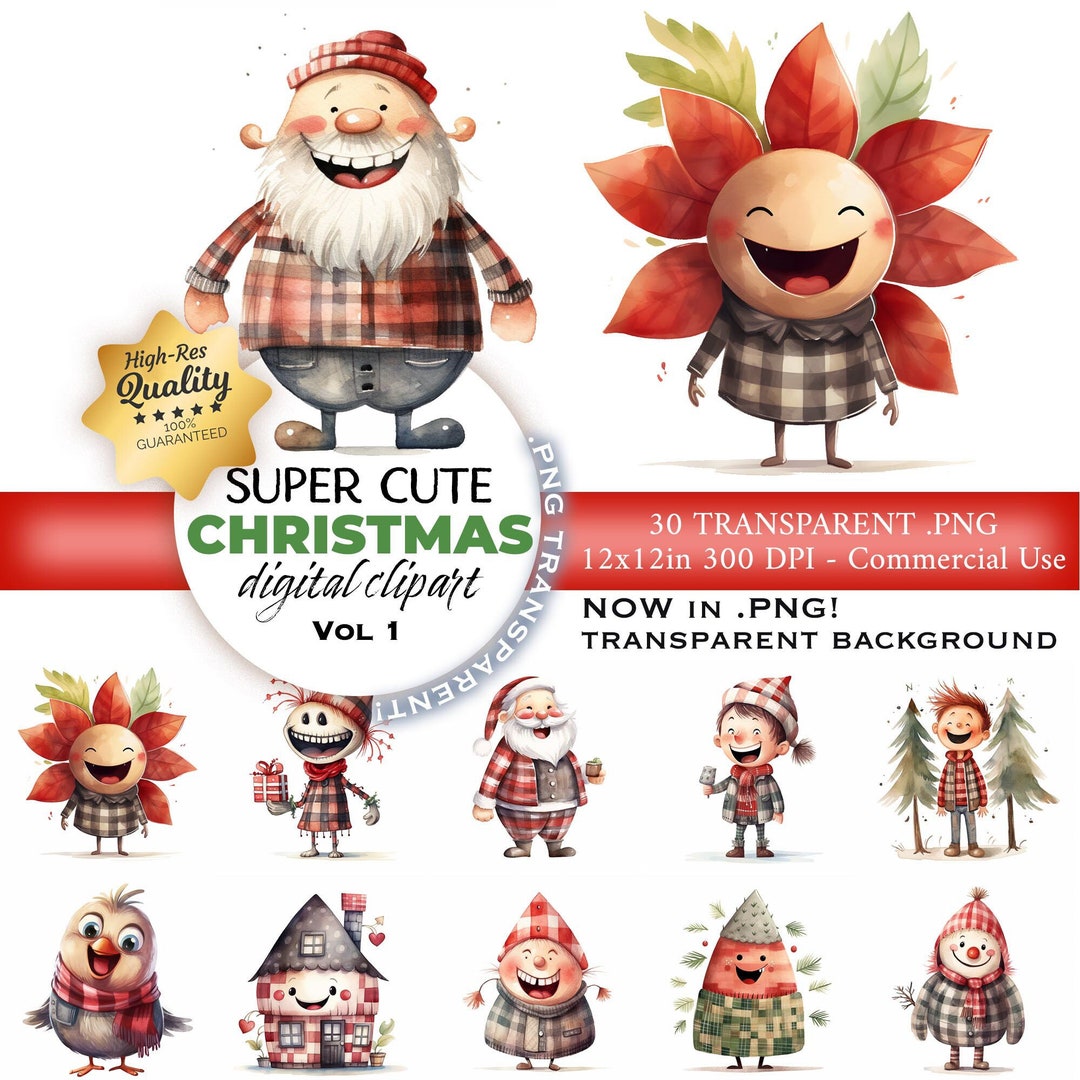 30 Christmas Character Clipart: Santa, Snowman, Reindeer (PNG, Instant ...