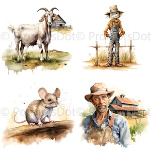 Farm Animals Watercolor Clipart: 24 Transparent PNG Images, Farmhouse ...