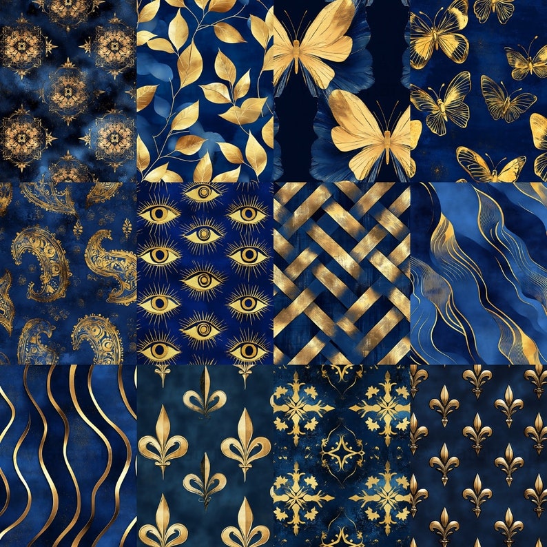 Royal Blue & Gold Digital Paper: Seamless Scrapbook Luxury Patterns ...