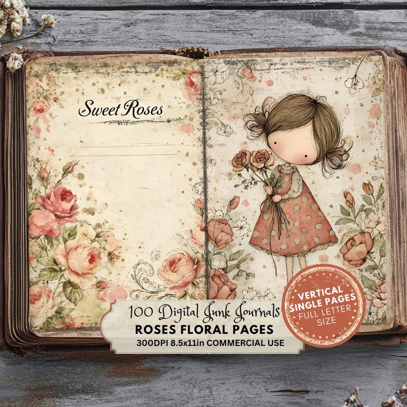 Rose Junk Journal Kit: Floral Pink Flower Ephemera Valentines (digital ...