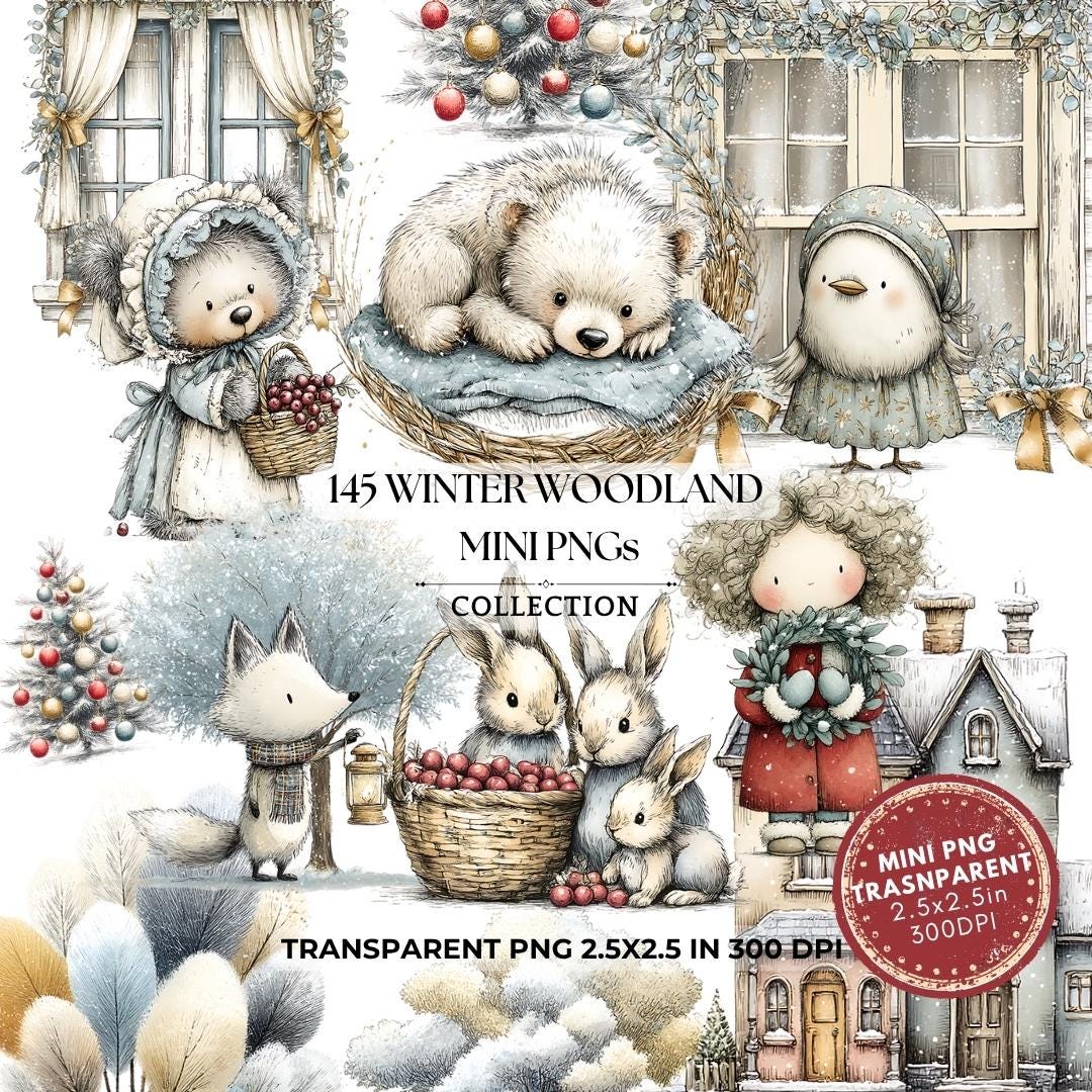 Woodland Christmas PNG Clipart: Winter Watercolor Clip Art Ephemera ...