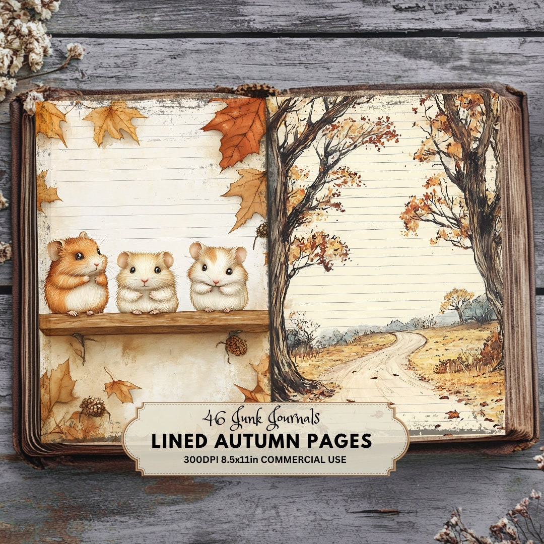 Lined Pages Thanksgiving Fall junk journal, Autumn Notebook Papers, 8 ...