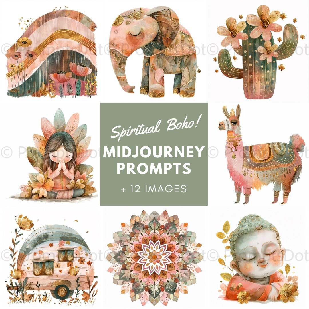 Midjourney Prompts for Boho Watercolor Creation, Boho Clipart, Bohemian ...