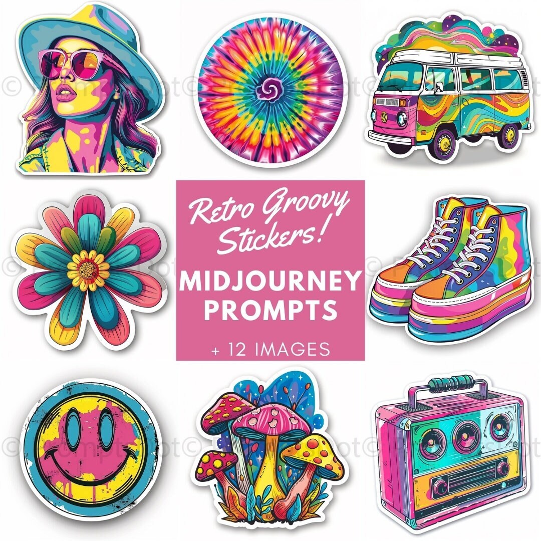 Midjourney Prompts for Retro Groovy Stickers Creation, Digital Download ...
