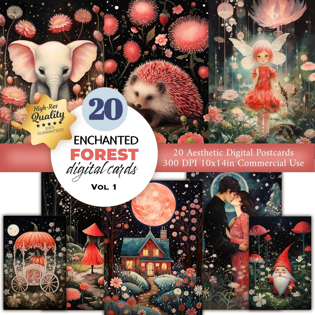 20 Enchanted Forest Digital Postcards, Postcard Printable, Flowers ...