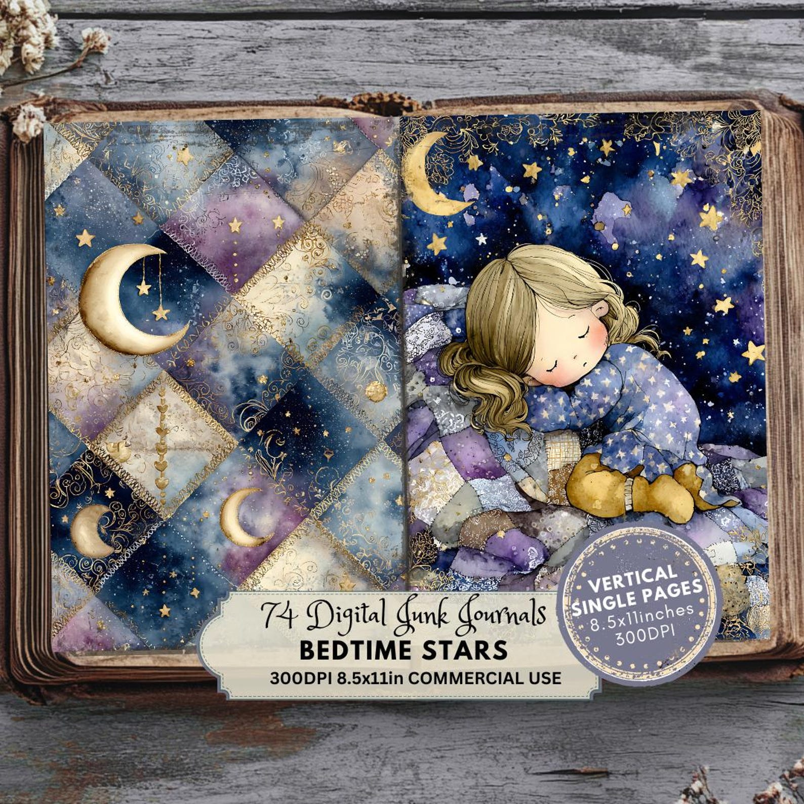 Bedtime Junk Journal Pages: Moon and Stars Digital Papers (digital ...