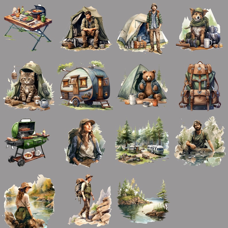 Camping Watercolor Clipart: Forest Animals, Dogs, Caravan, PNG ...