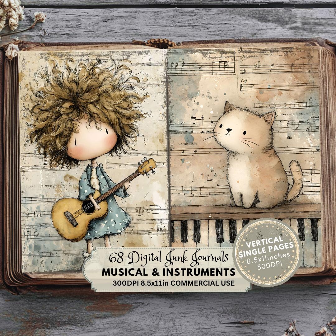 Musical Junk Journal Pages, Instruments Ephemera for Scrapbooking and ...