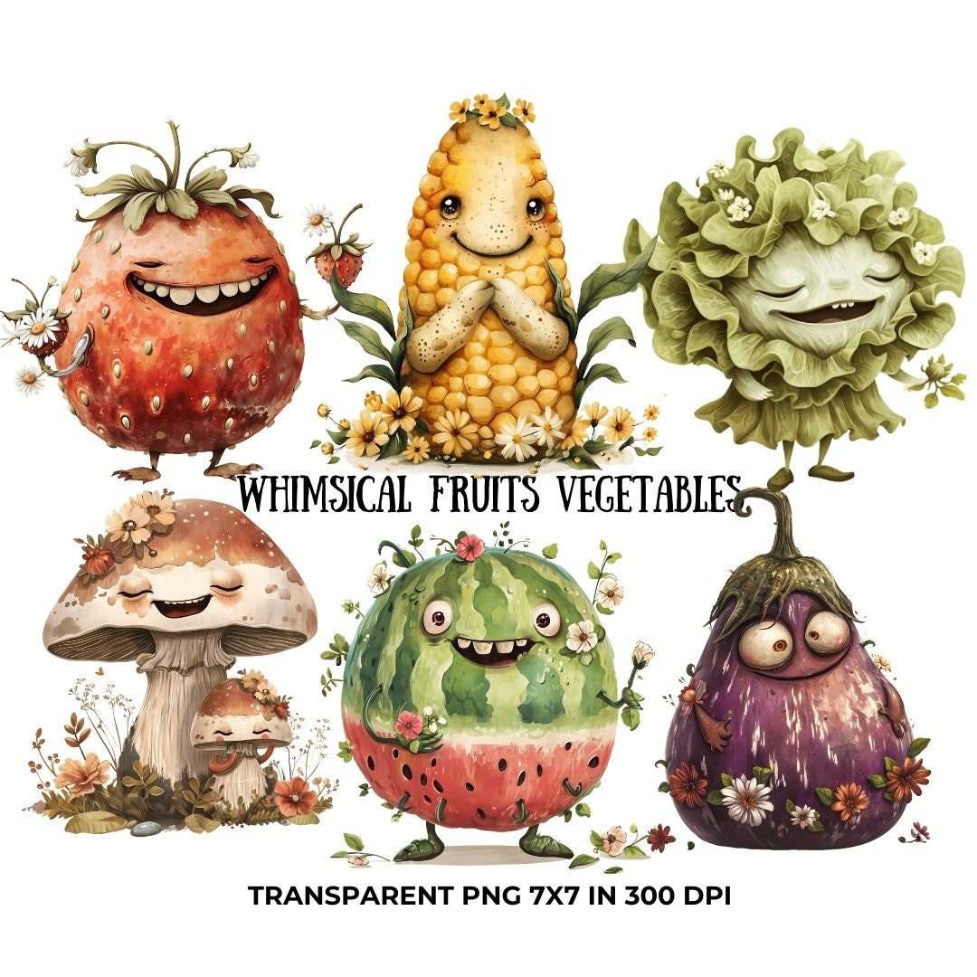 Whimsical Cartoon Fruits and Vegetables Clipart, PNG (digital Download ...