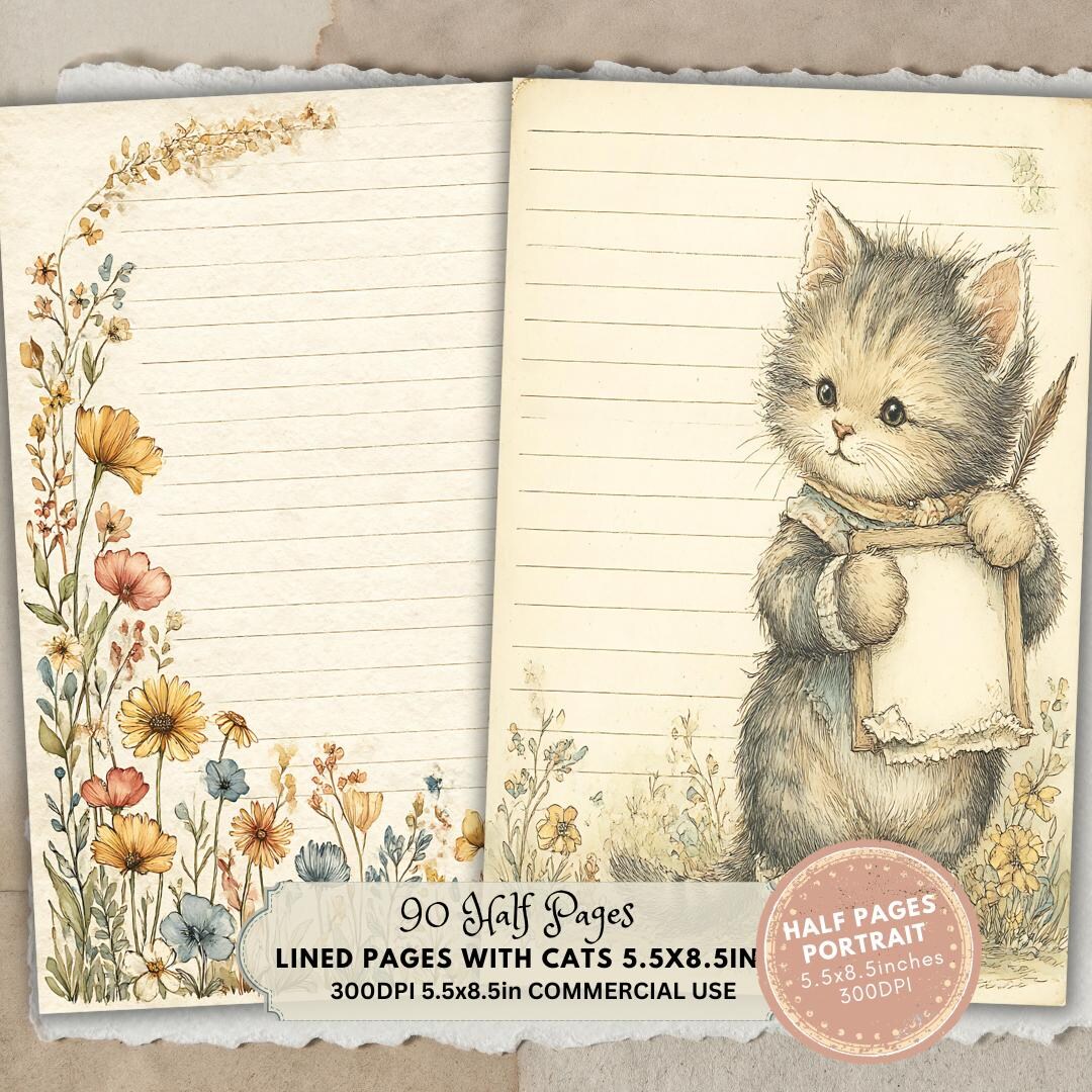 Vintage Lined Half Pages With Cats: Animals Ephemera Papers (digital ...