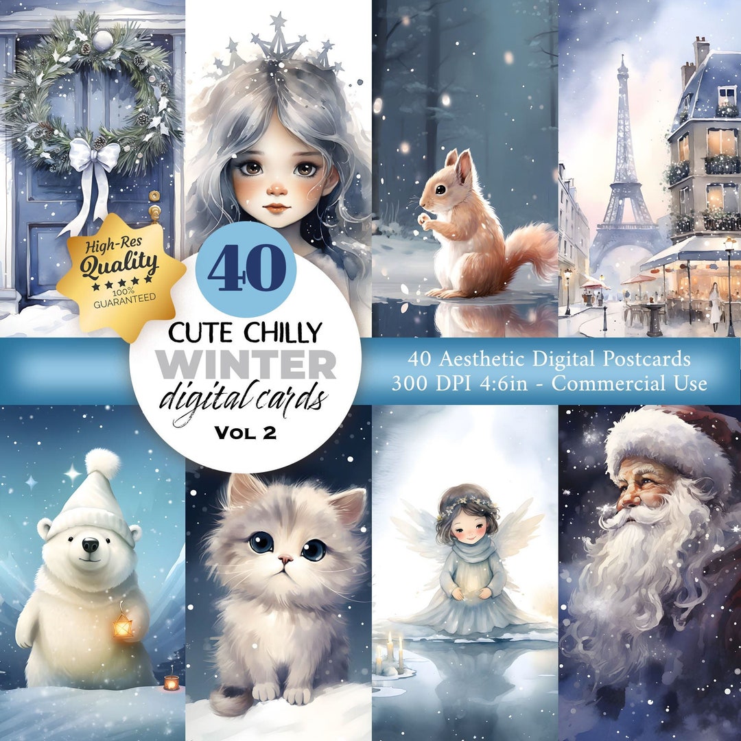 40 Winter Postcard Poster Set, Christmas Digital Art (instant Download ...