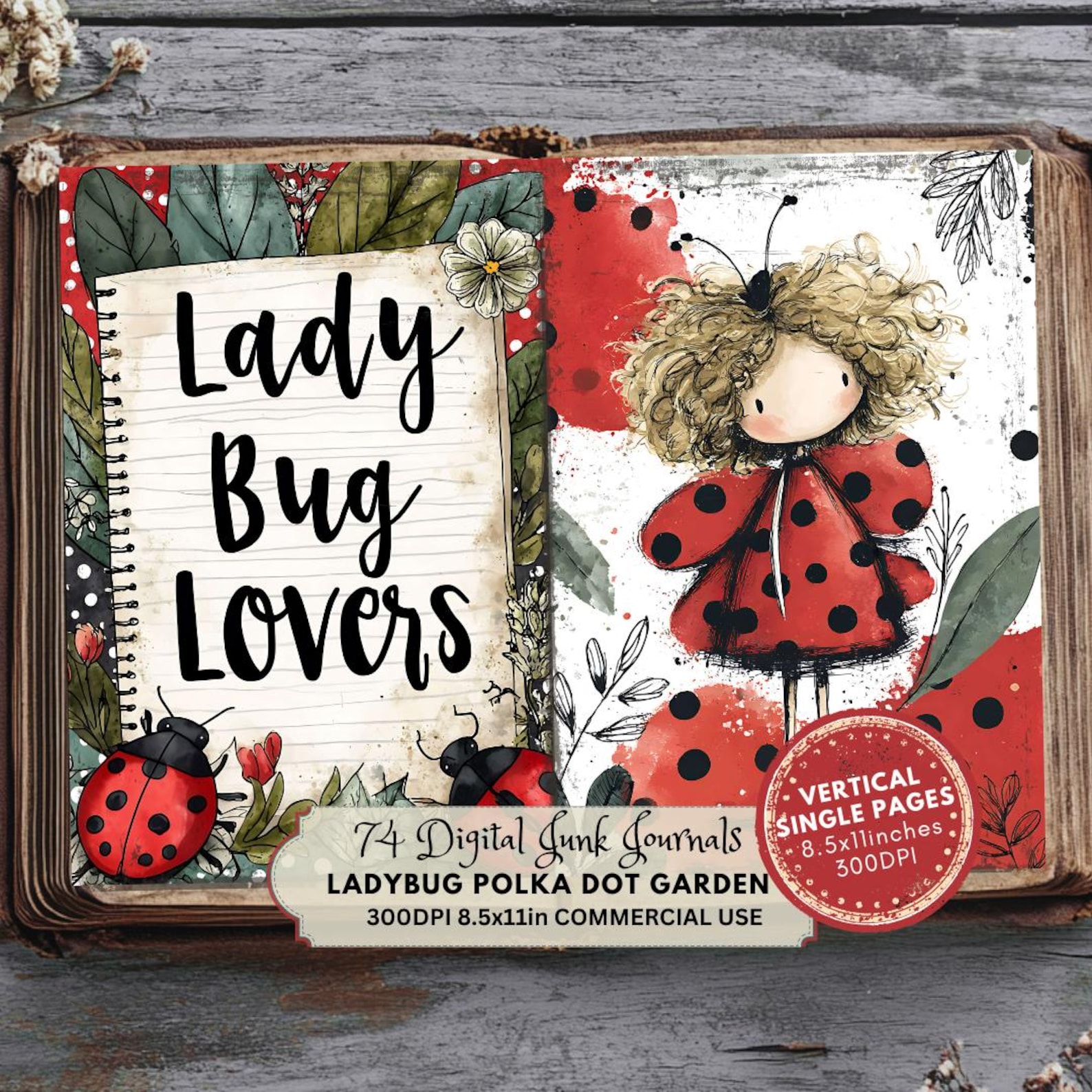 Ladybug Junk Journal Pages: Polka Dot Garden Ephemera, Printable Papers ...