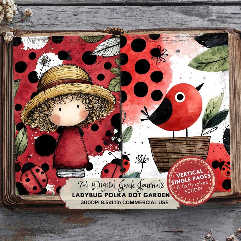 Ladybug Junk Journal Pages: Polka Dot Garden Ephemera, Printable Papers ...