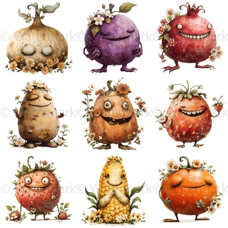 Whimsical Cartoon Fruits and Vegetables Clipart, PNG (digital Download ...