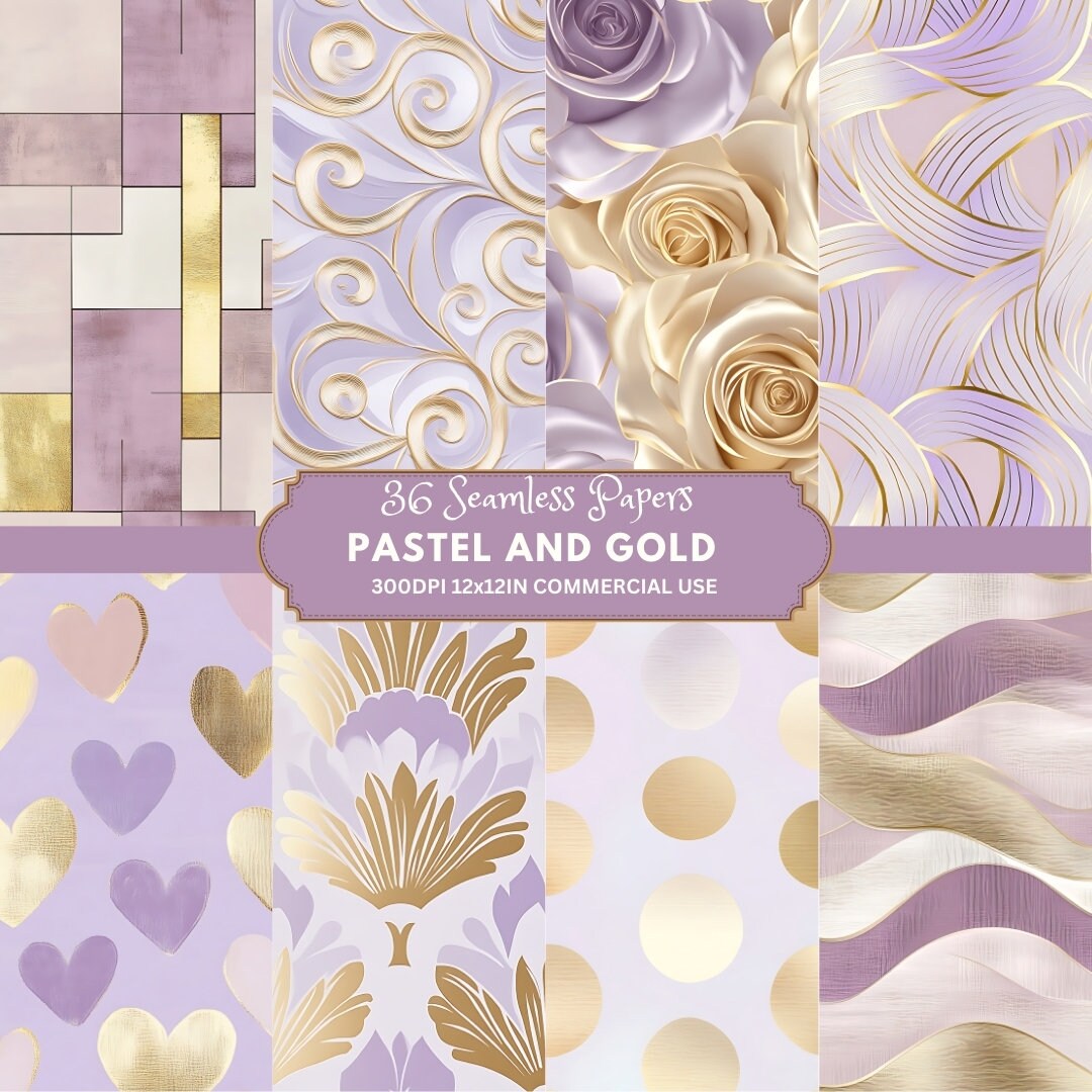 Pastel Gold Digital Paper: Lavender Seamless Patterns, Elegant Style ...