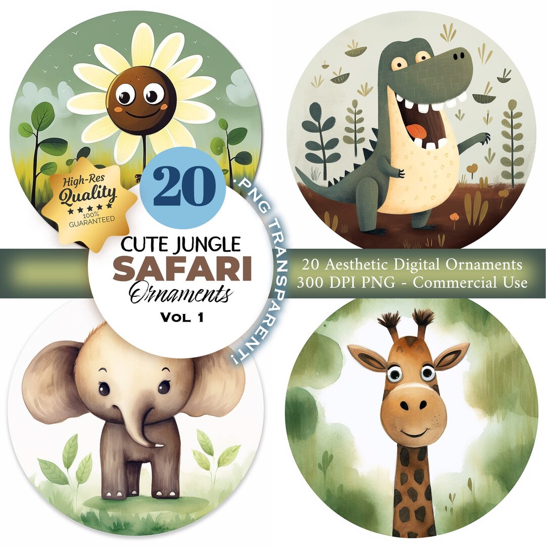 20 Cute Safari Digital Stickers, Round Animal Stickers, Animals Clipart ...