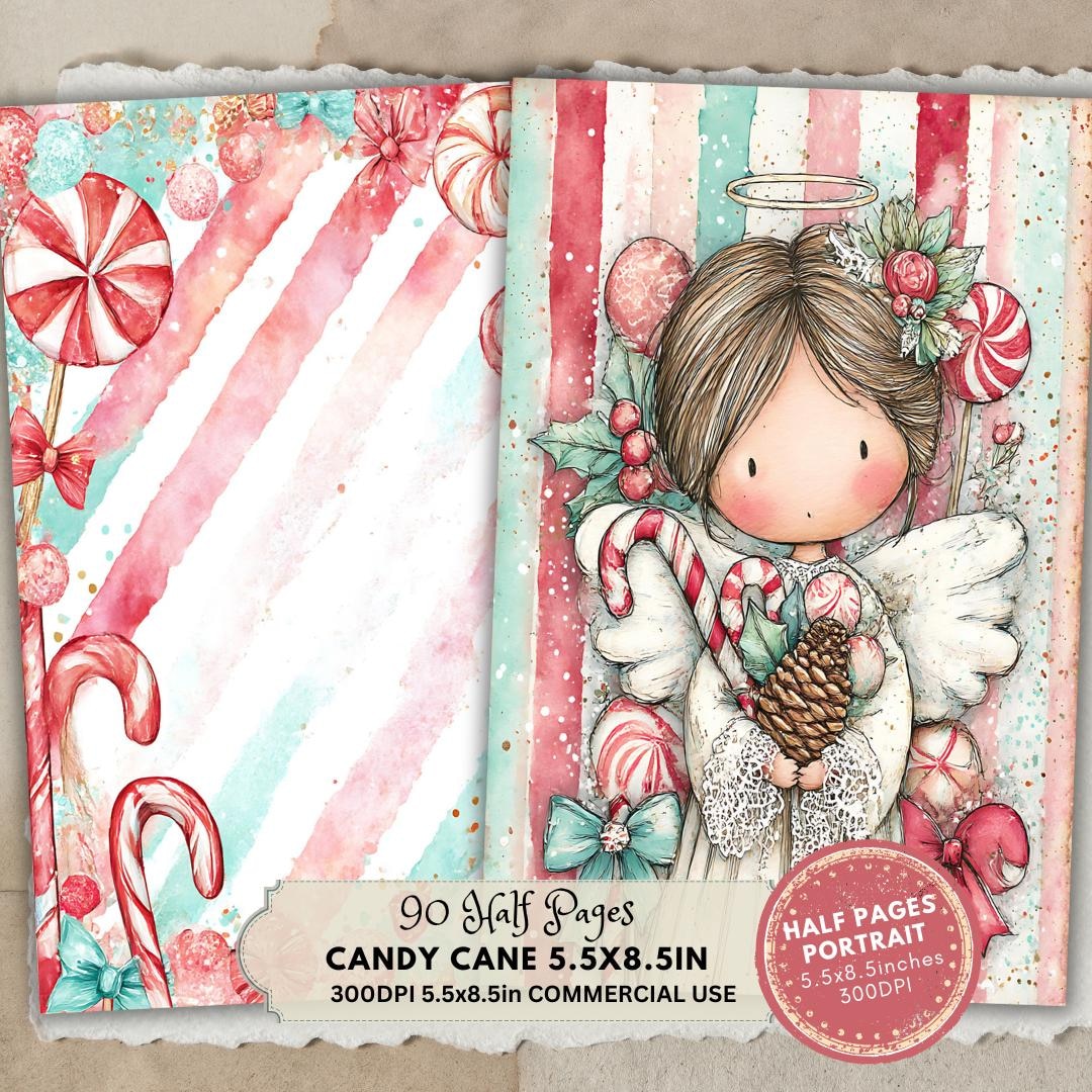 Candy Cane Half Pages: Christmas Printable DIY Cards Ephemera (digital ...