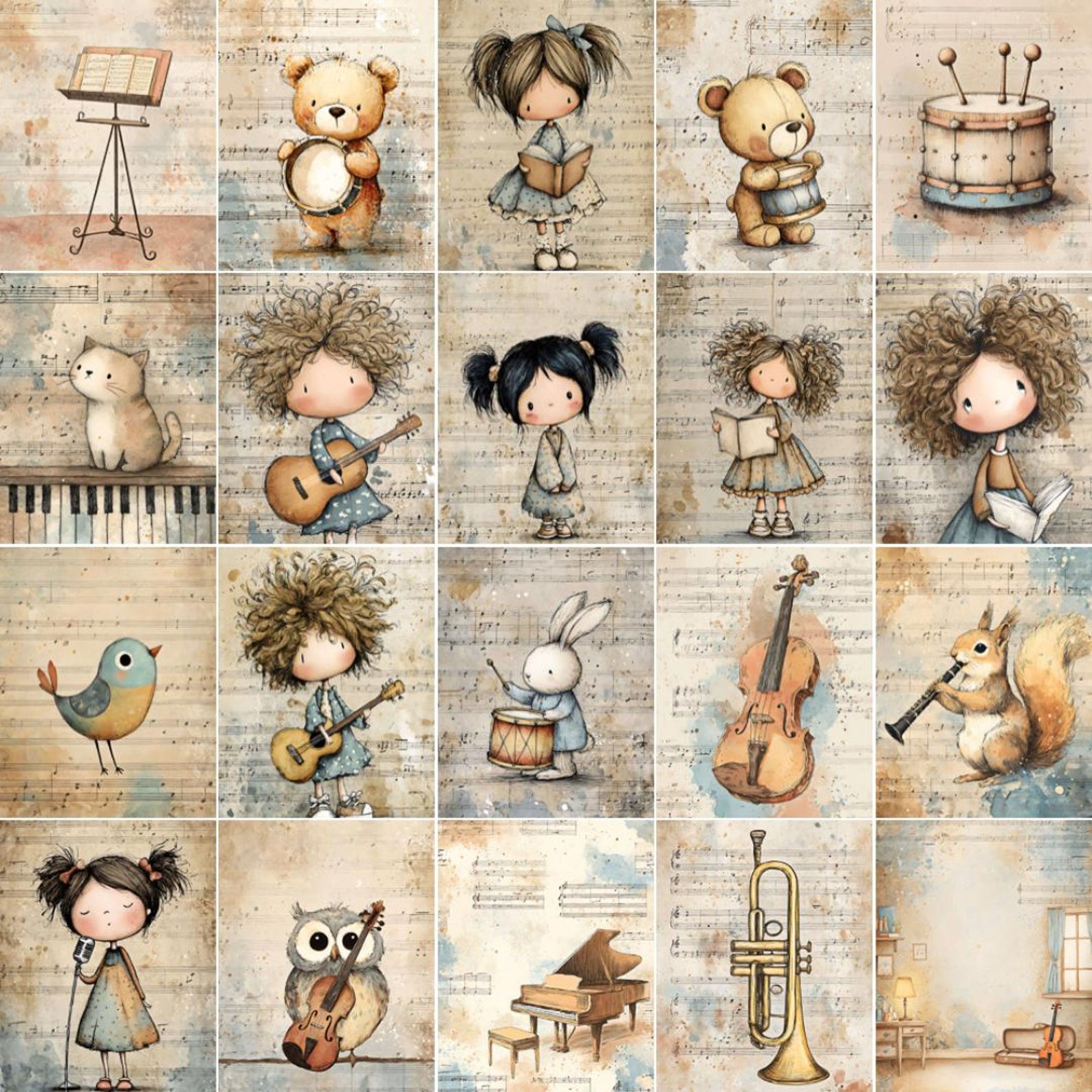 Musical Junk Journal Pages, Instruments Ephemera for Scrapbooking and ...