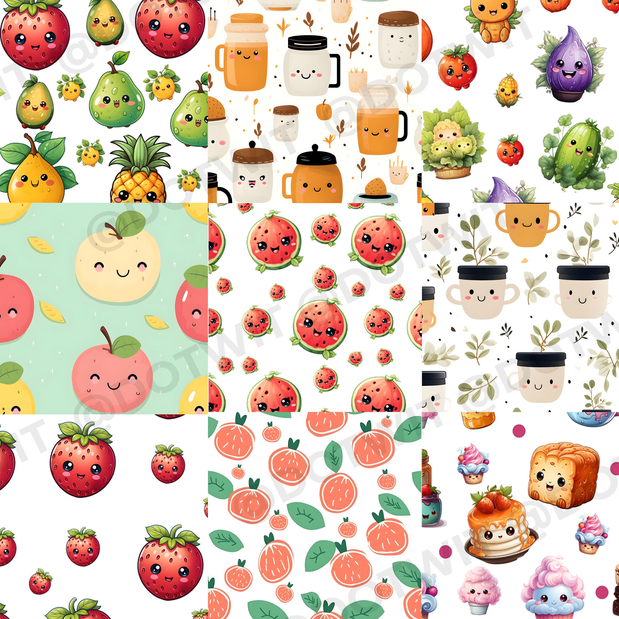 20 Kawaii Food Pattern Fruits Seamless Pattern Fruits Digital Paper ...