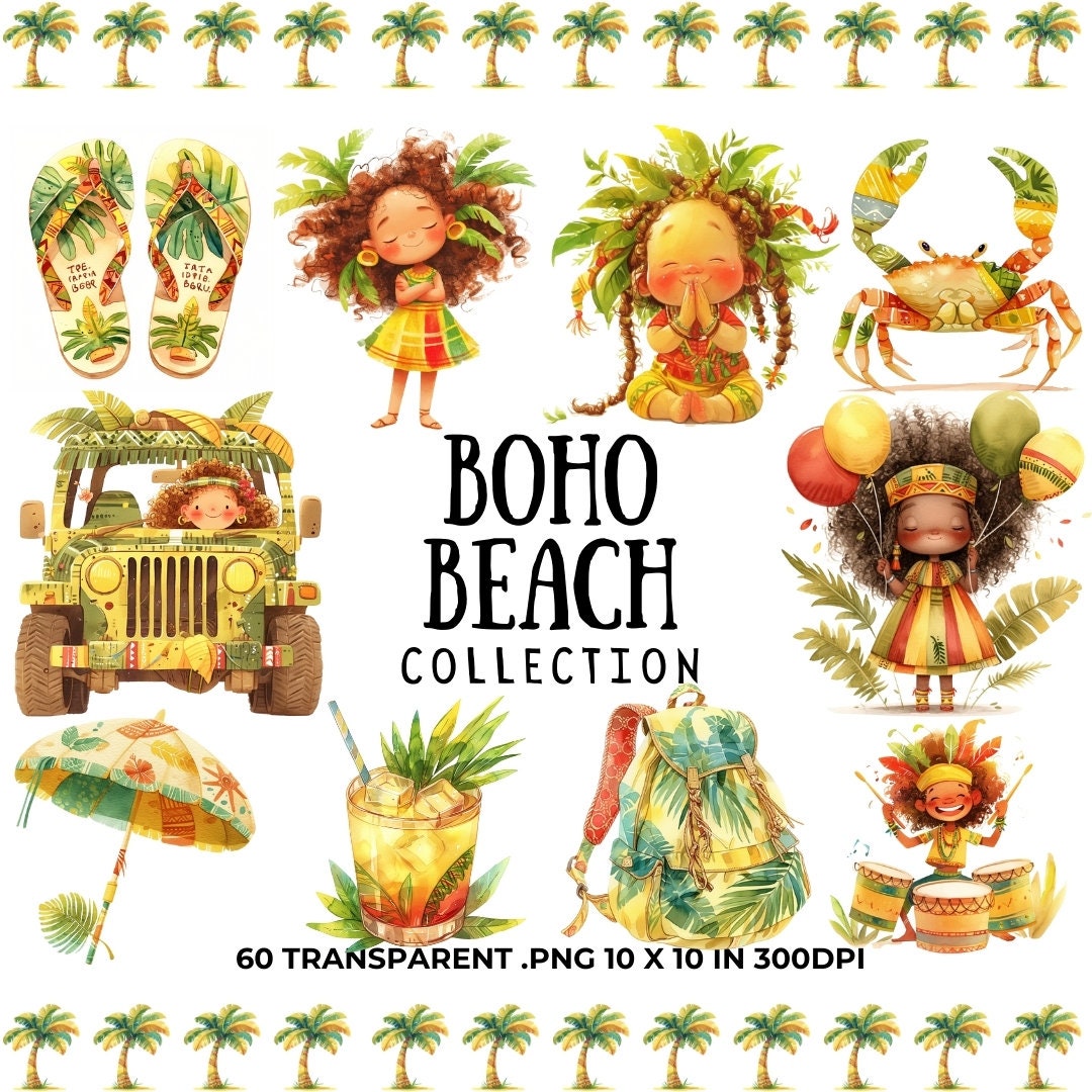Boho Beach Clipart: Vacation Watercolor PNG (digital Download) - Etsy