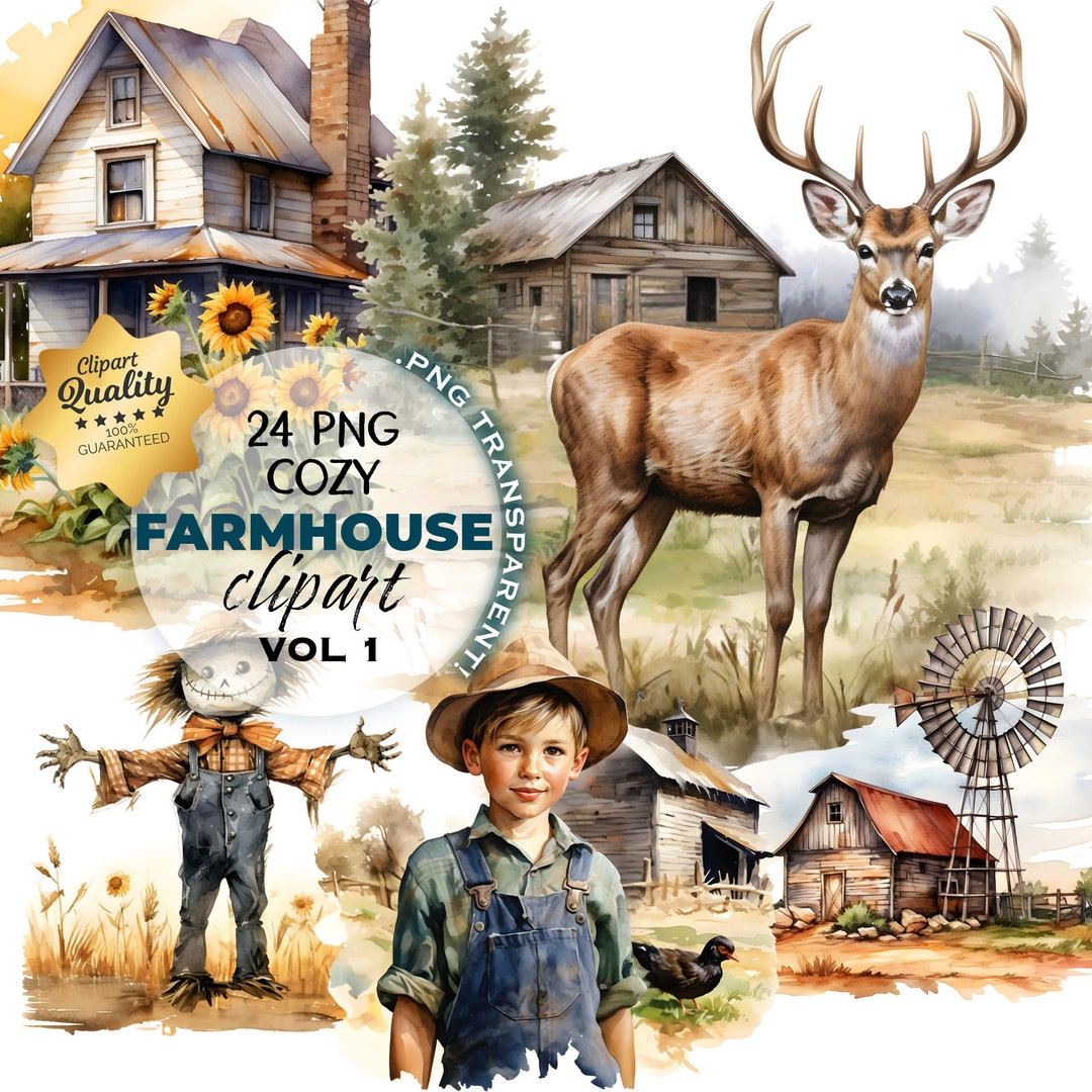 Farm Animals Watercolor Clipart: 24 Transparent PNG Images, Farmhouse ...