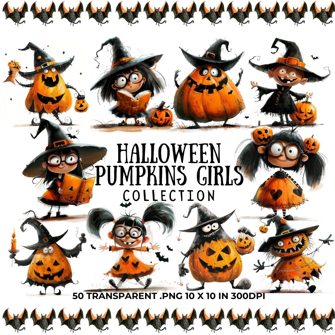 Cute Halloween Girls Clipart PNG Digital Download, Pumpkin Halloween ...