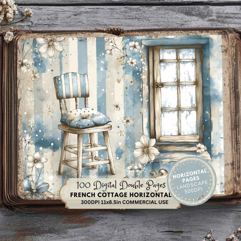 Blue French Cottage Landscape Pages: Vintage Floral Ephemera (LANDSCAPE ...