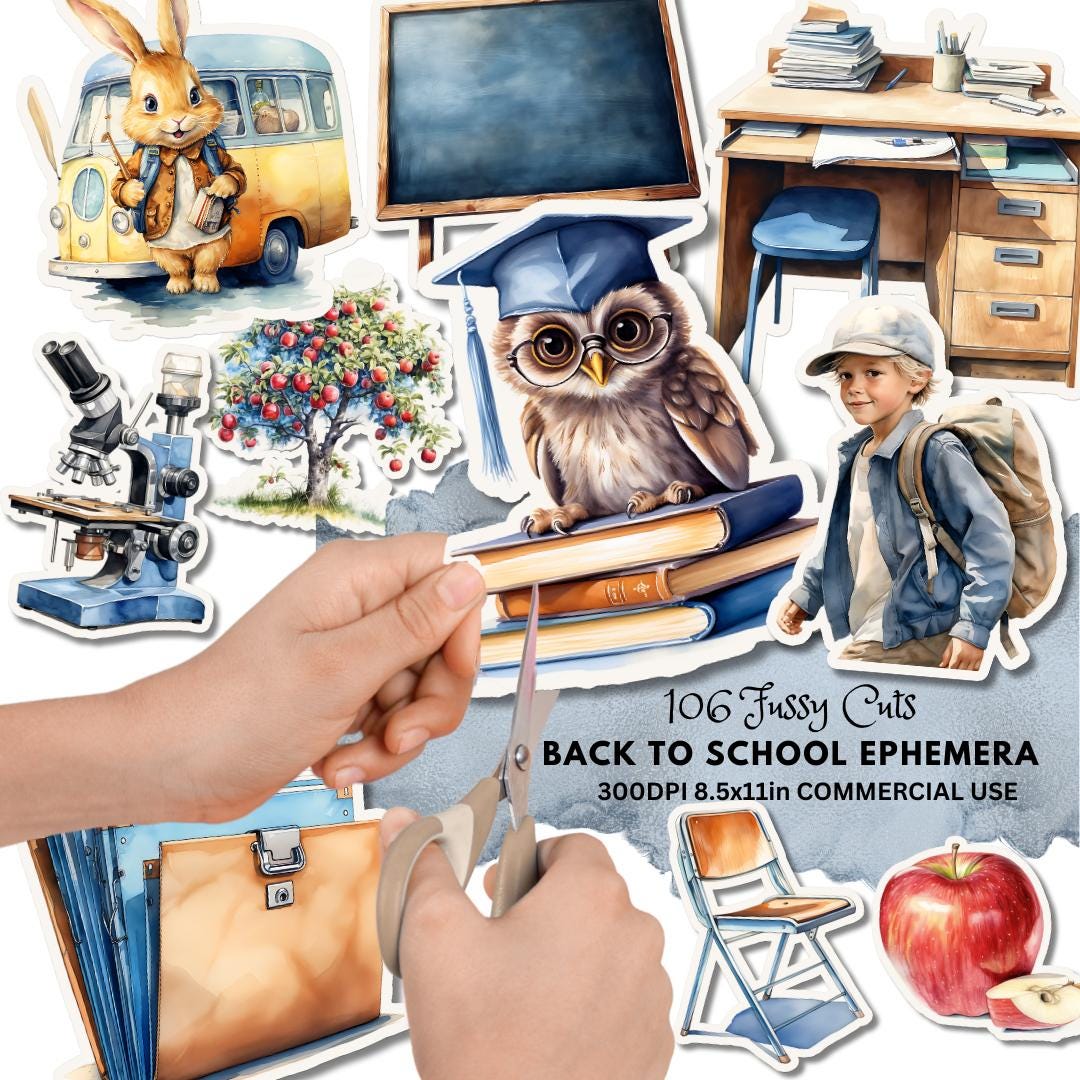 Vintage School Ephemera: Watercolor Clipart for Junk Journals (digital ...