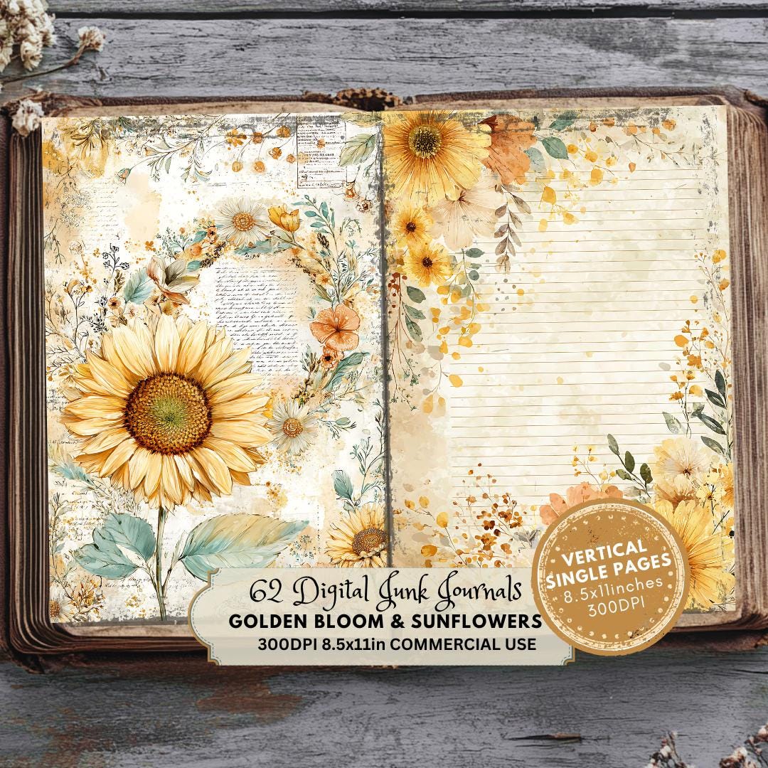 Sunflower Junk Journal Kit: Vintage Floral Ephemera, Rustic Meadow ...