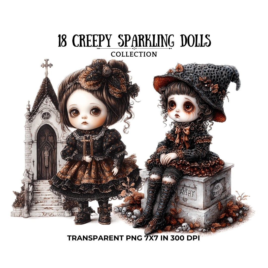 Creepy Gothic Dolls Clipart: Spooky Halloween PNG Transparent ...