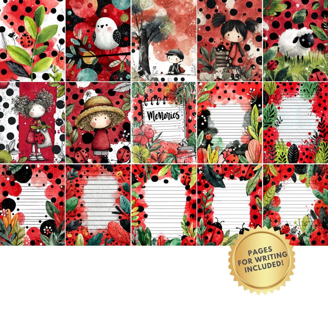 Ladybug Junk Journal Pages: Polka Dot Garden Ephemera, Printable Papers ...