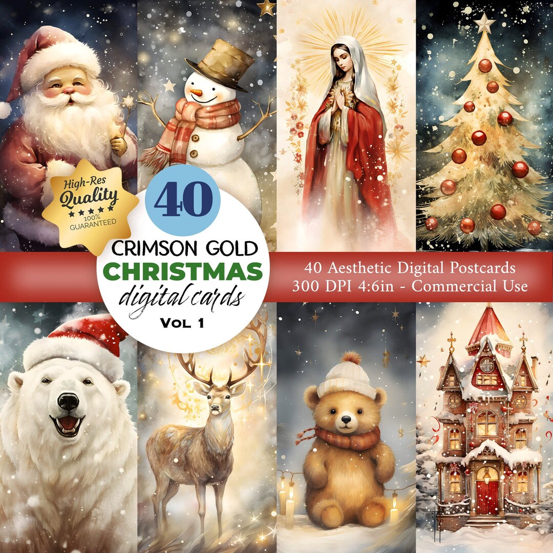 40 Christmas Postcard and Poster Set, Crimson Gold Postcard Printable ...