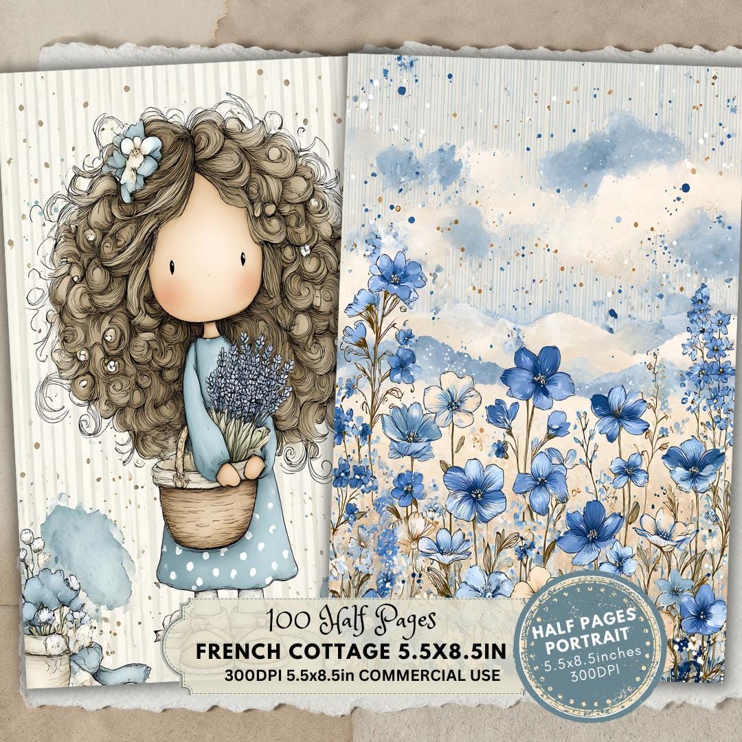 French Half Pages: Blue Country Cottage Printable Journal (digital ...