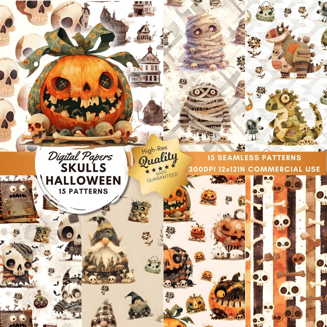 15 Cute Halloween Seamless Digital Papers - Skulls Seamless - Pumpkin ...