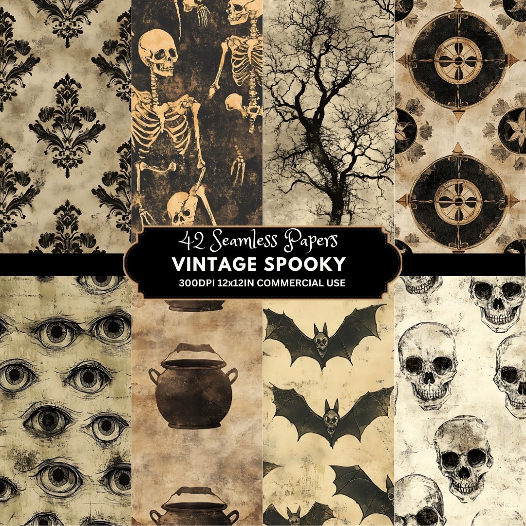 Vintage Halloween Digital Paper Textures, Antique Skull Damask and Old ...