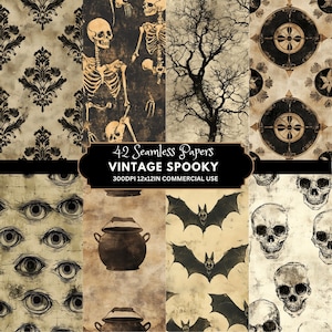 Vintage Halloween Digital Paper Textures, Antique Skull Damask and Old ...