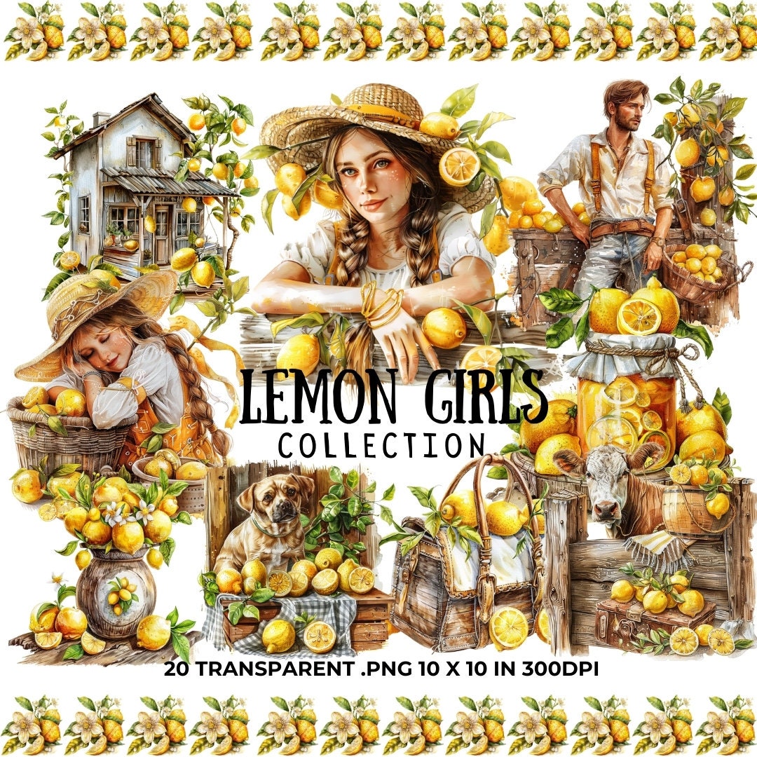 Watercolor Lemon Girls Clipart: Summer PNG Graphics (digital Download ...