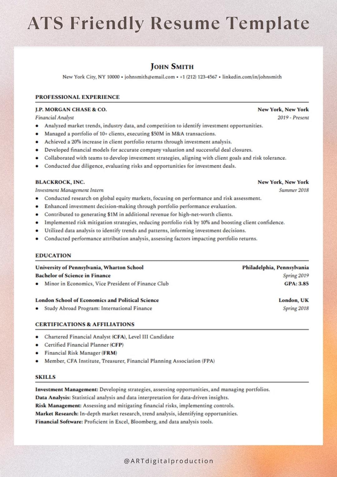 Modern Financial Analyst Resume Template | ATS Friendly for College ...