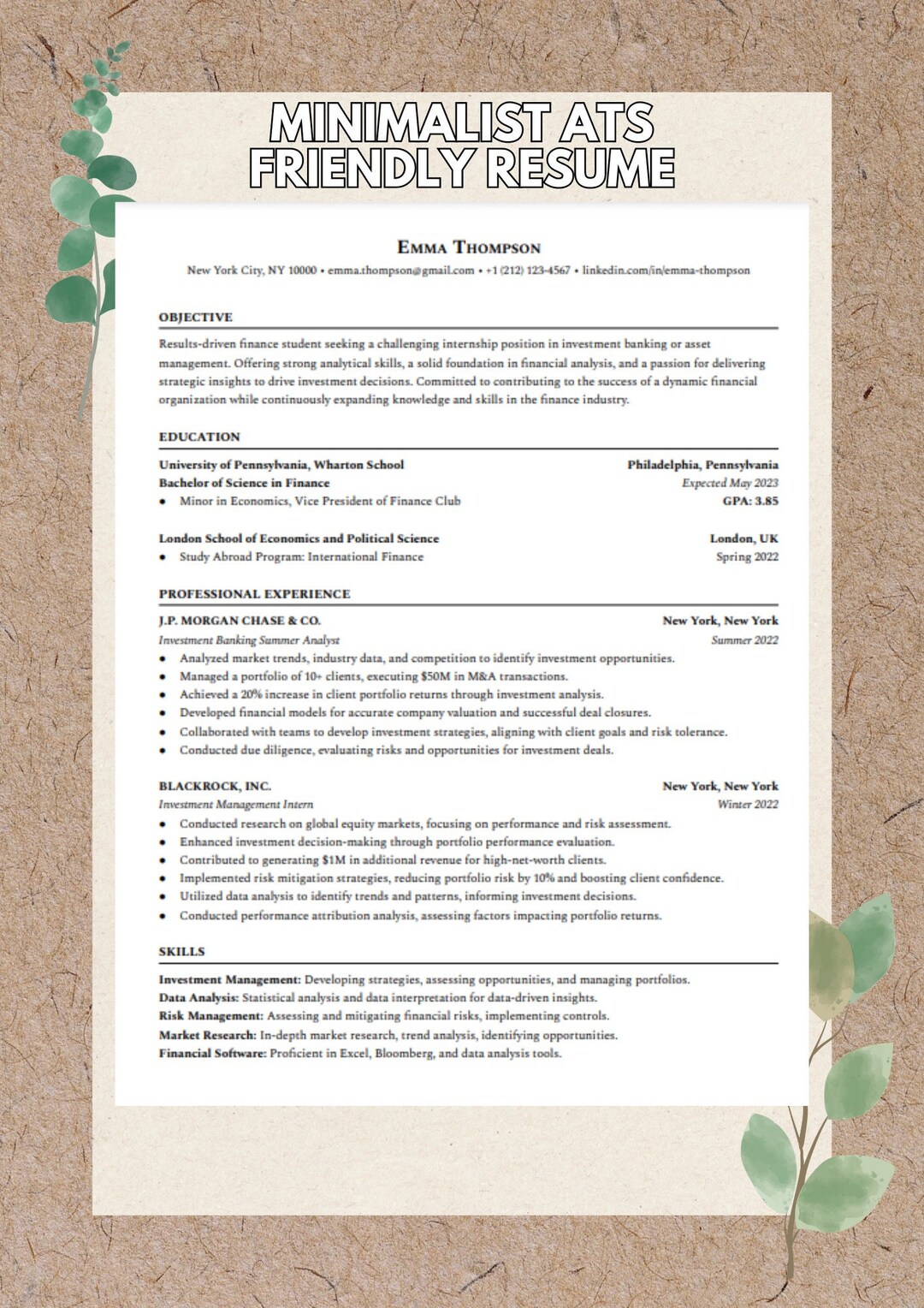 Clean ATS Friendly College Grad Resume Template | Modern Resume Finance ...