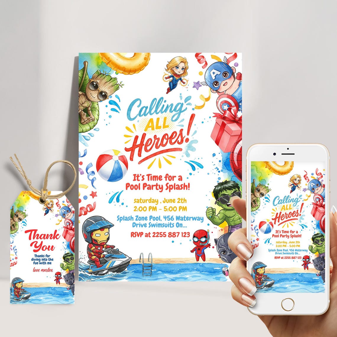 Chibi Avengers Pool Party Invitation: Editable Summer Birthday (digital ...