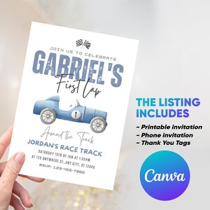 Editable Blue First Lap Birthday Invitations Race Car 1st Birthday ...