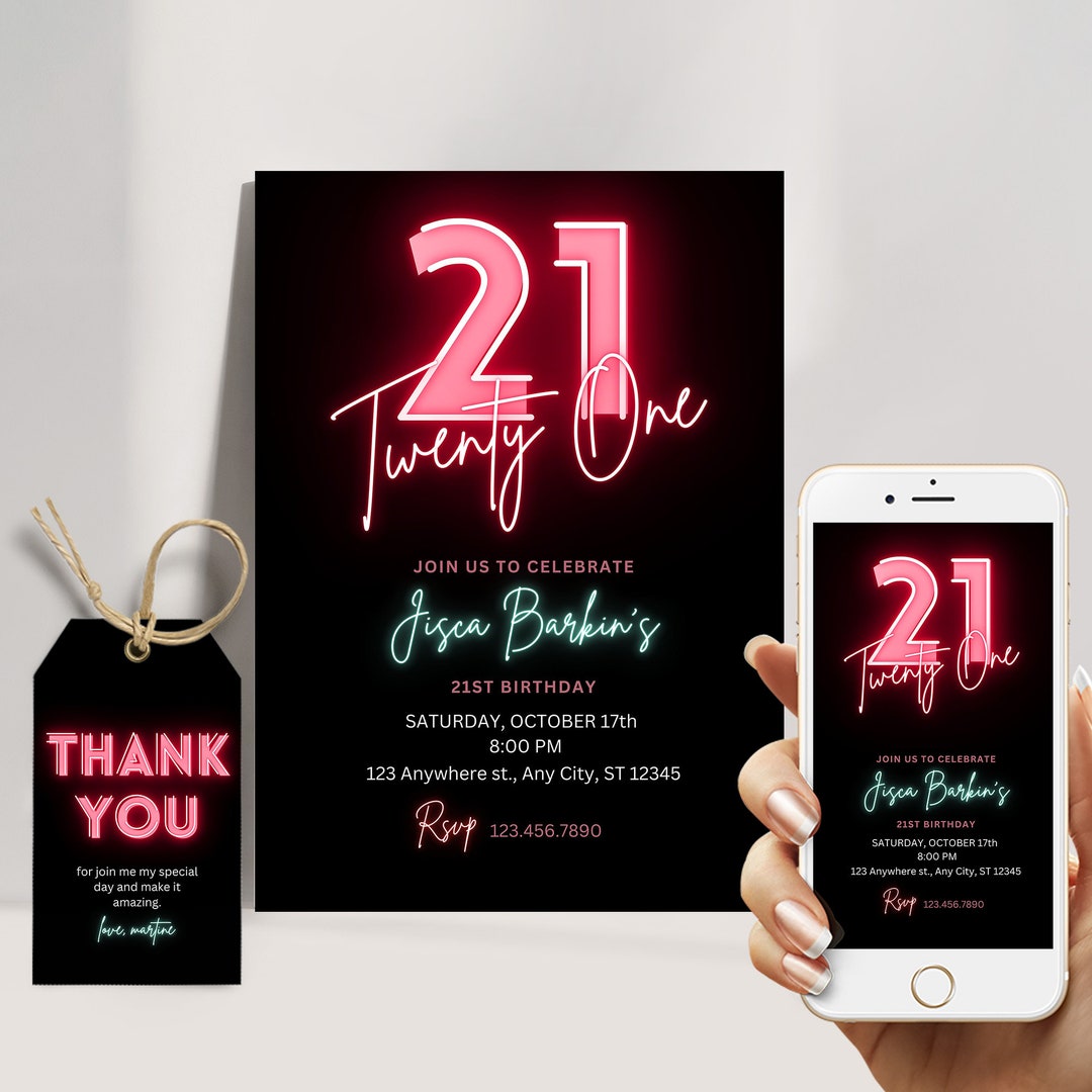 21st Birthday Neon Invitation, 21 Year Old Girl Birthday Invitation ...