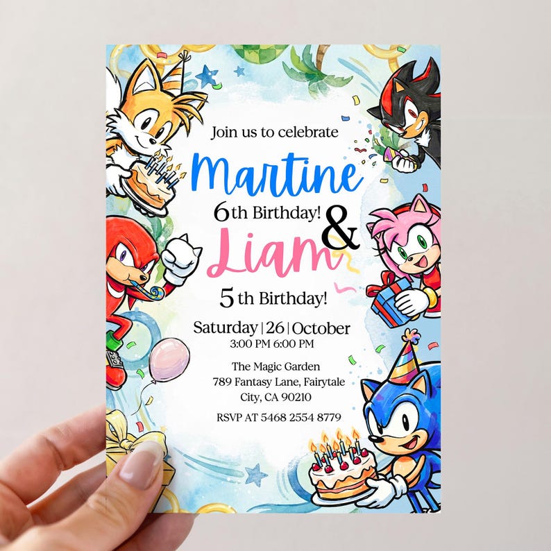 Sonic Joint Birthday Invitation for Kids Party, Sonic the Hedgehog Boys ...