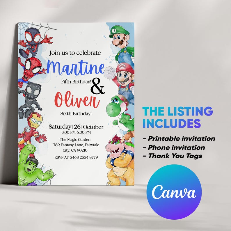 Spidey and Mario Birthday Invitation: Joint Kids Party, Thank You Tag ...
