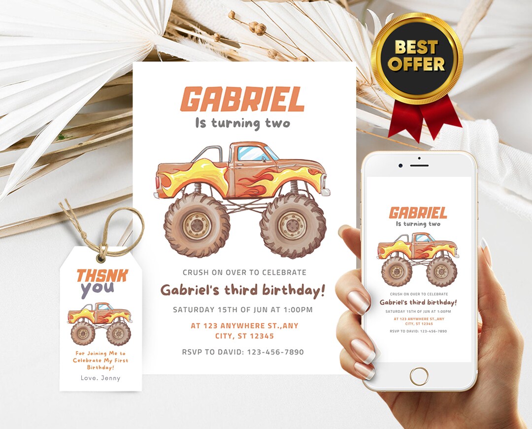 Editable Monster Truck Invitation Template, Yallow Monster Truck Invite ...