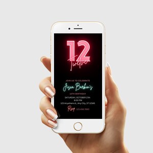 12th Birthday Neon Invitation, 12 Year Old Girl Birthday Invitation ...