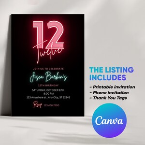 12th Birthday Neon Invitation, 12 Year Old Girl Birthday Invitation ...