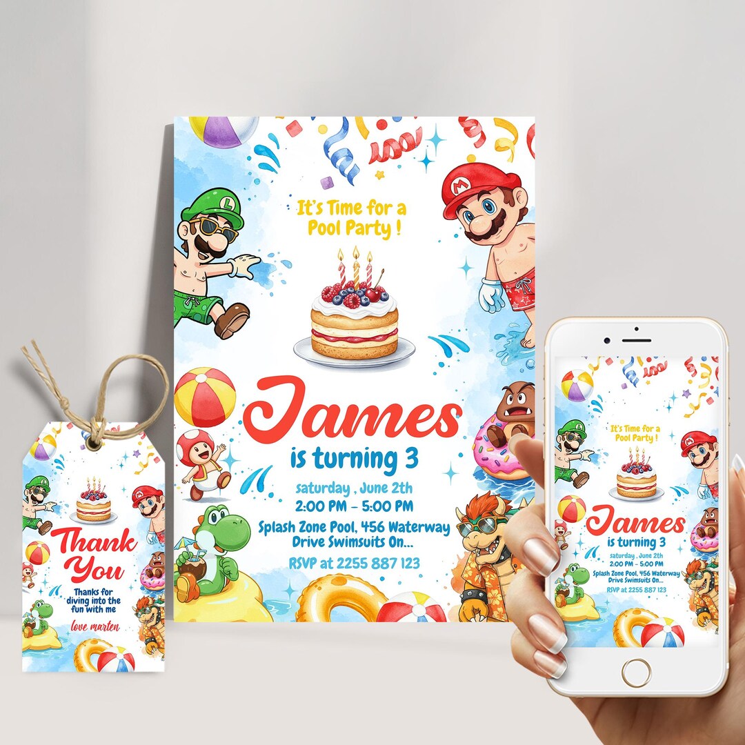 Mario Pool Party Birthday Invitation, Super Mario Bros Summer Invite ...
